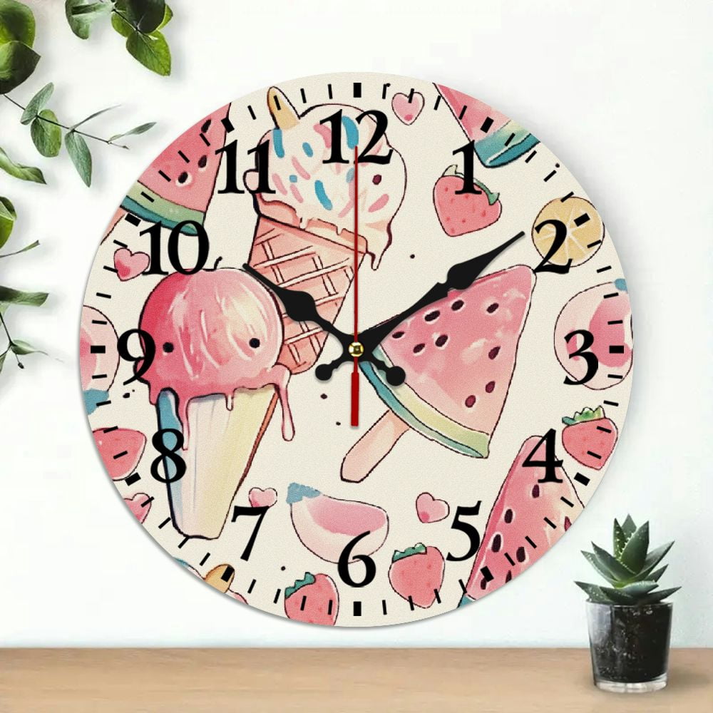 Chilfamy 10 Inch Wall Clock, Hearts, Ice Cream, Watermelon Print ...