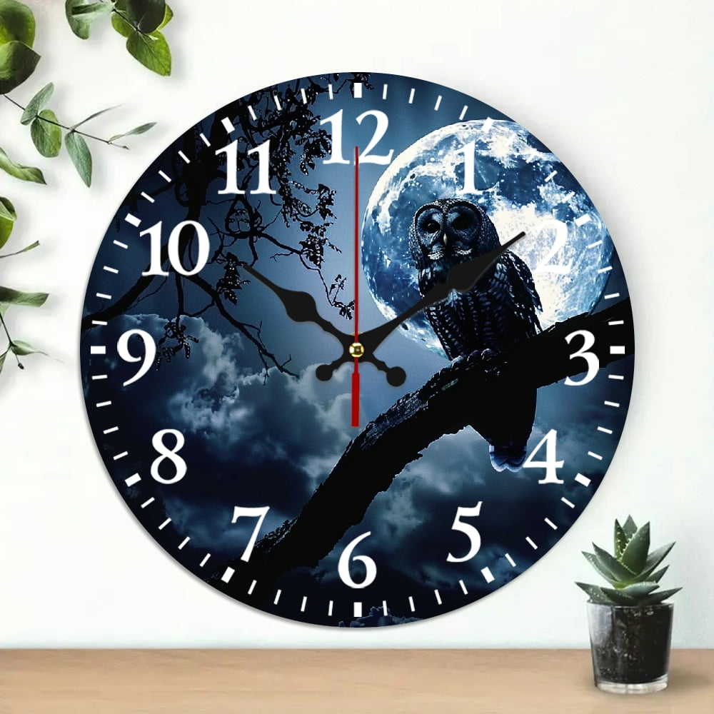 Chilfamy 10 Inch Wall Clock Owl Night Print Silent Mechanical Movement ...