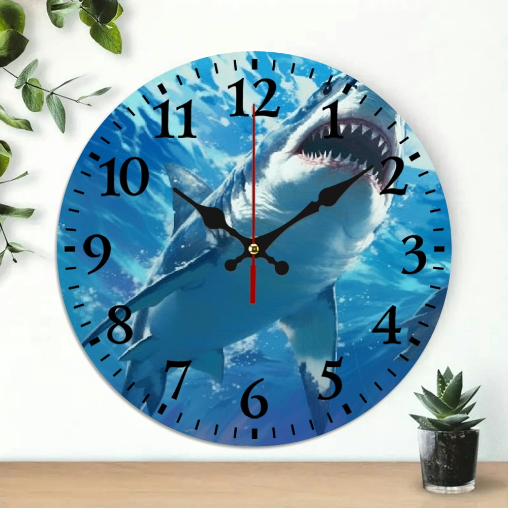 Chilfamy 10 Inch Wall Clock Shark Ocean Painting Print Battery Operated ...
