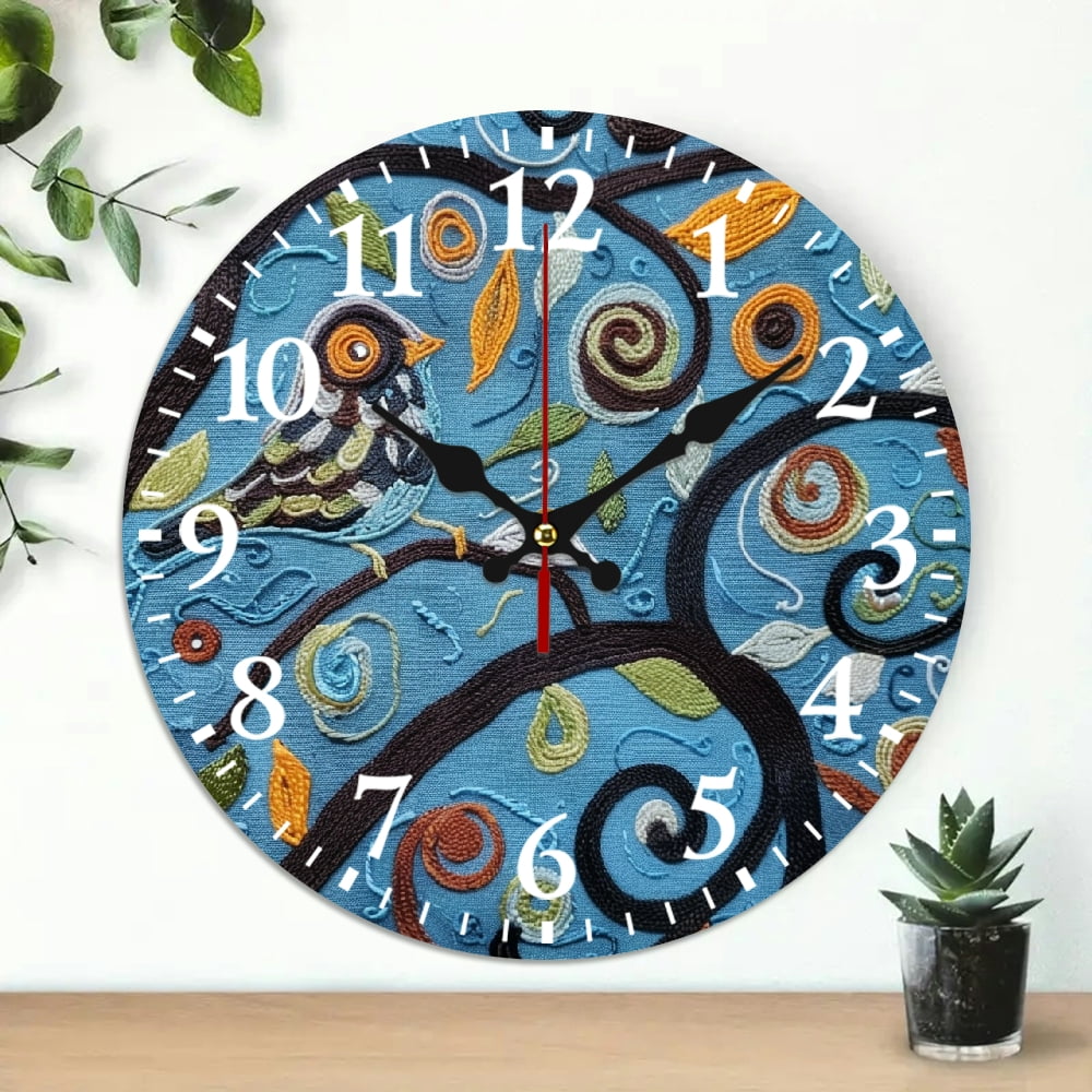 Chilfamy 10 Inch Wooden Wall Clock Bird Tree Branch Swirls Leaves Print ...