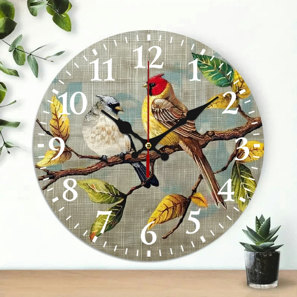 Chilfamy 10 Inch Wooden Wall Clock Birds Branch Leaves Print Battery ...