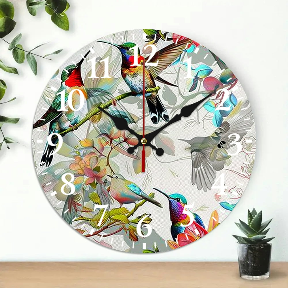 Chilfamy 10 Inch Wooden Wall Clock Birds Flowers White Background Print ...