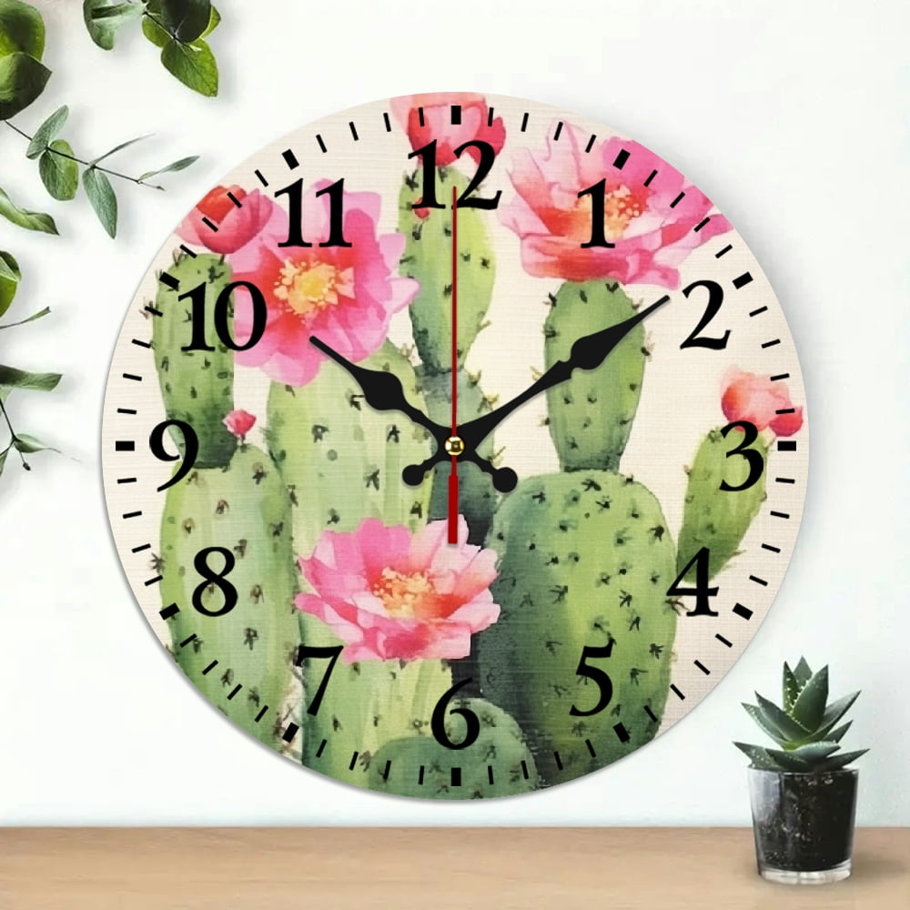 Chilfamy 10 Inch Wooden Wall Clock Cactus Flowers Watercolor Print ...