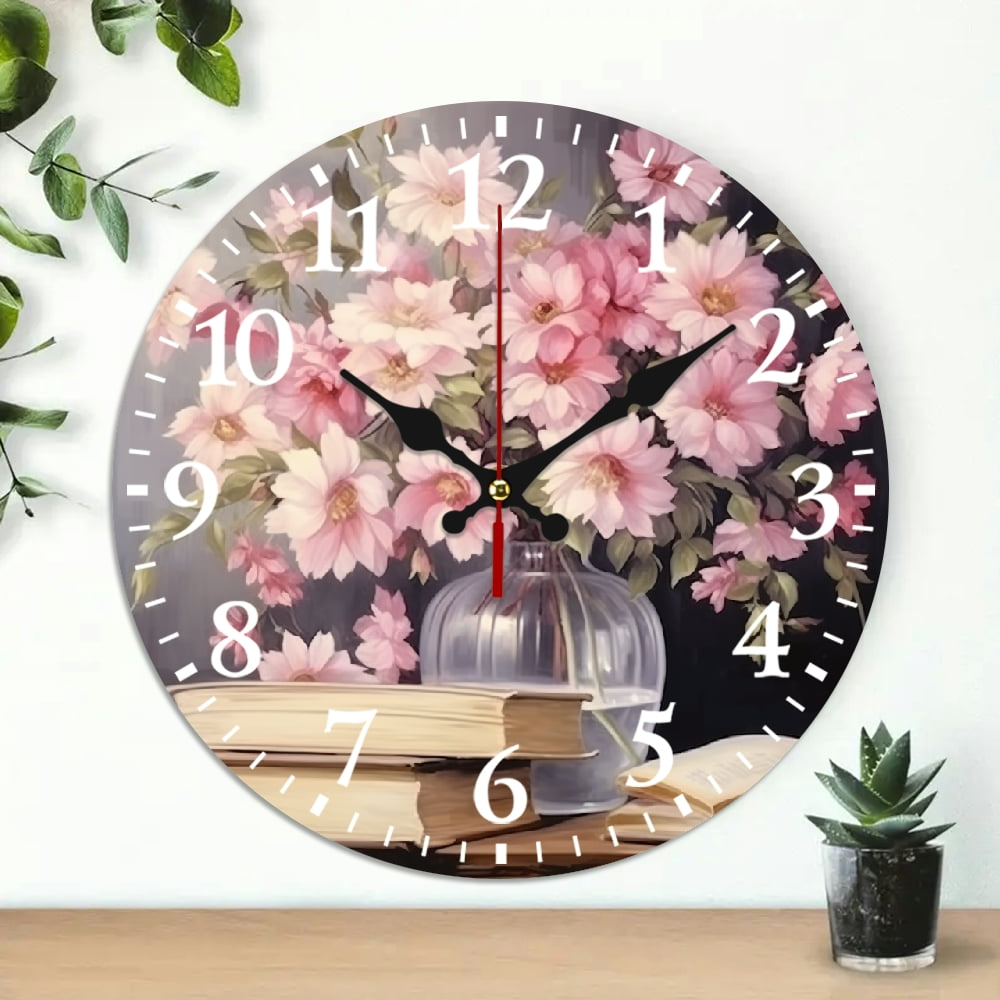 Chilfamy 10 Inch Wooden Wall Clock Flowers Print Battery Operated Decor ...