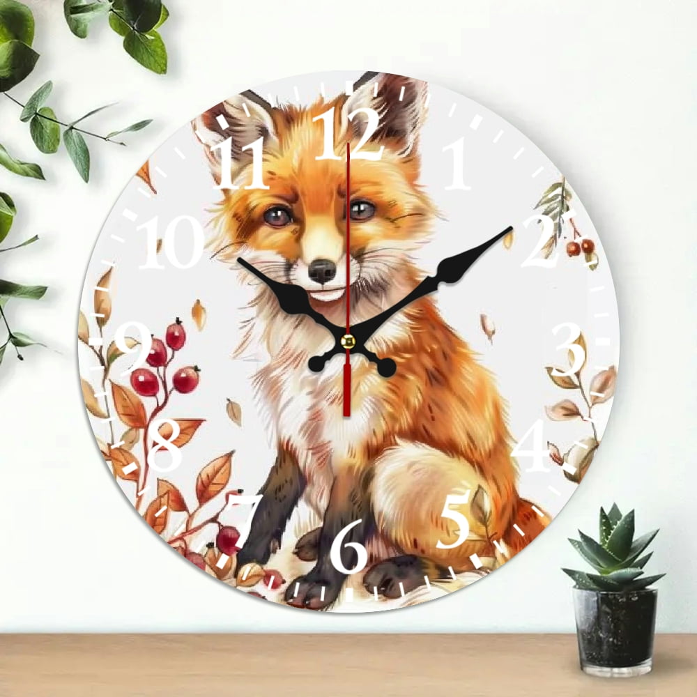 Chilfamy 10 Inch Wooden Wall Clock Fox Leaves Berries Print Silent ...
