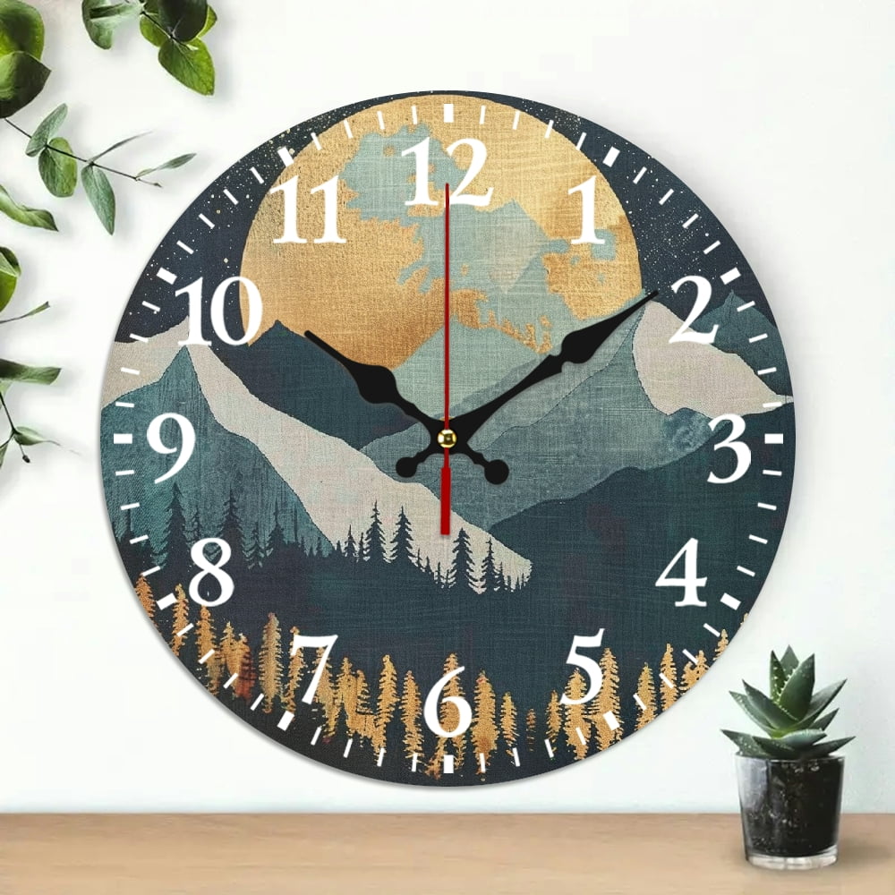 Chilfamy 10 Inch Wooden Wall Clock Moon Mountains Forest Print Silent ...