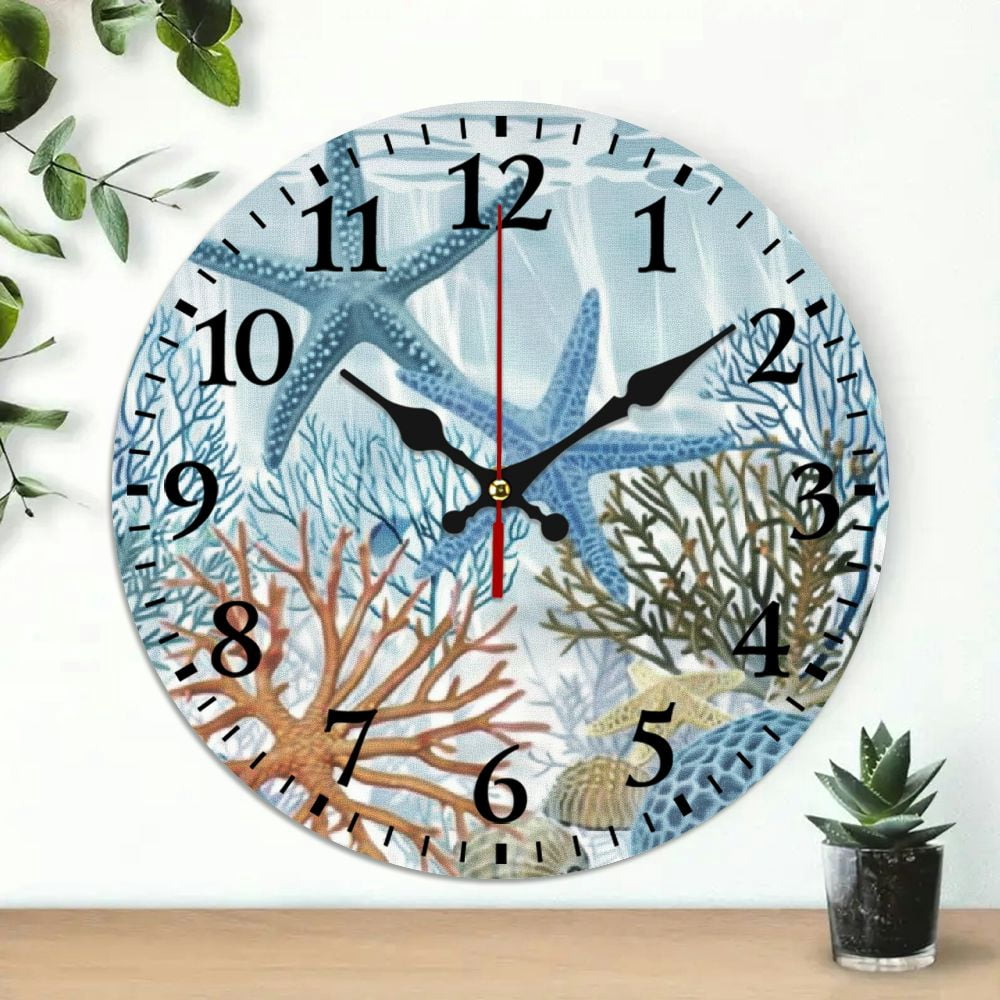 Chilfamy 10-Inch Wooden Wall Clock Starfish Sea Fans Ocean Print Wall ...