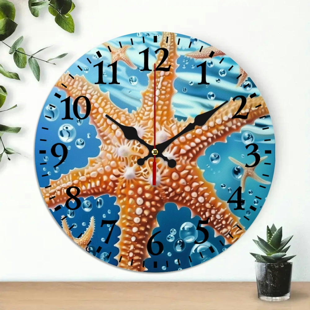 Chilfamy 10 Inch Wooden Wall Clock Starfish Water Droplets Design ...