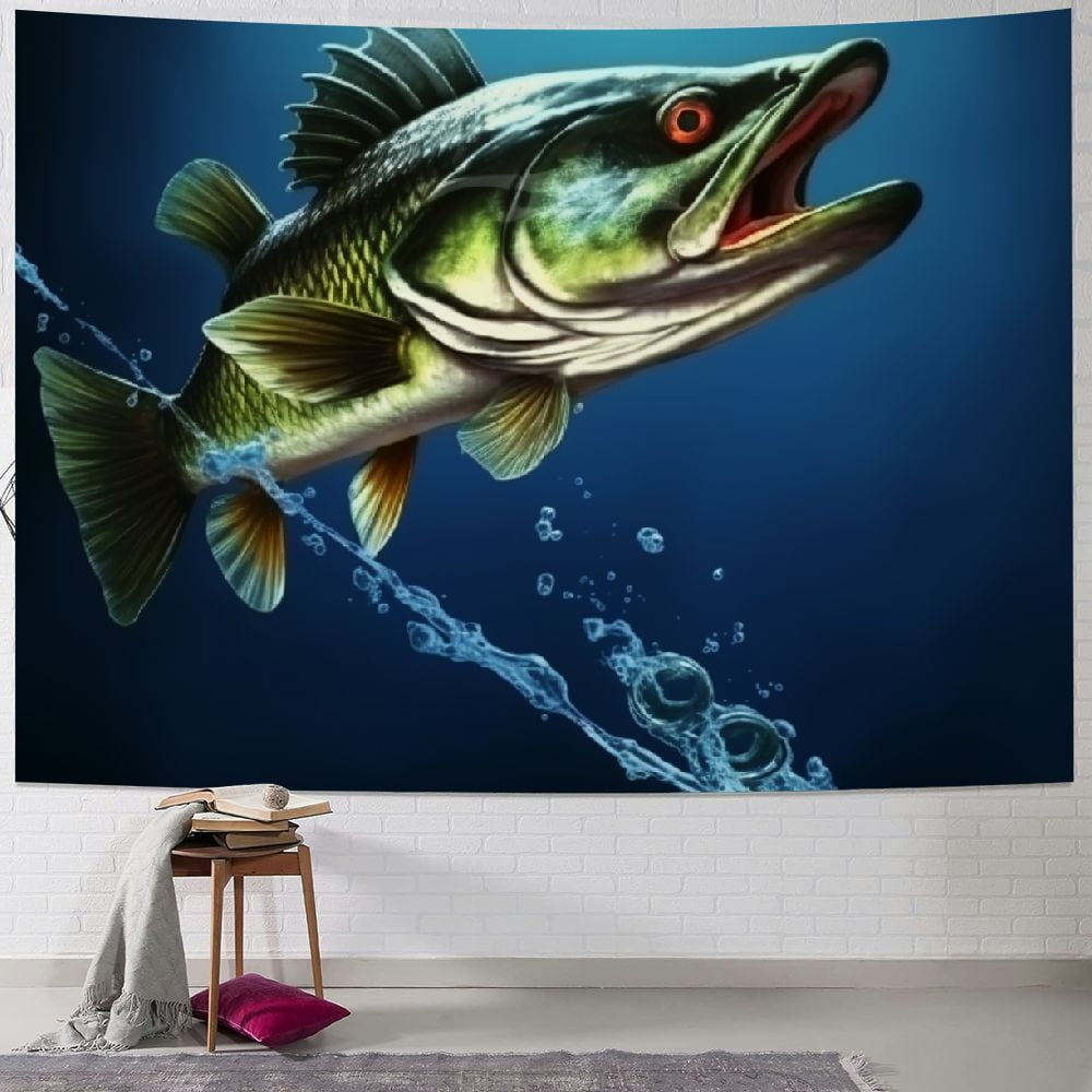 Chilfamy 3D Bass Fish Tapestry,Underwater World Wall Hanging Art for ...