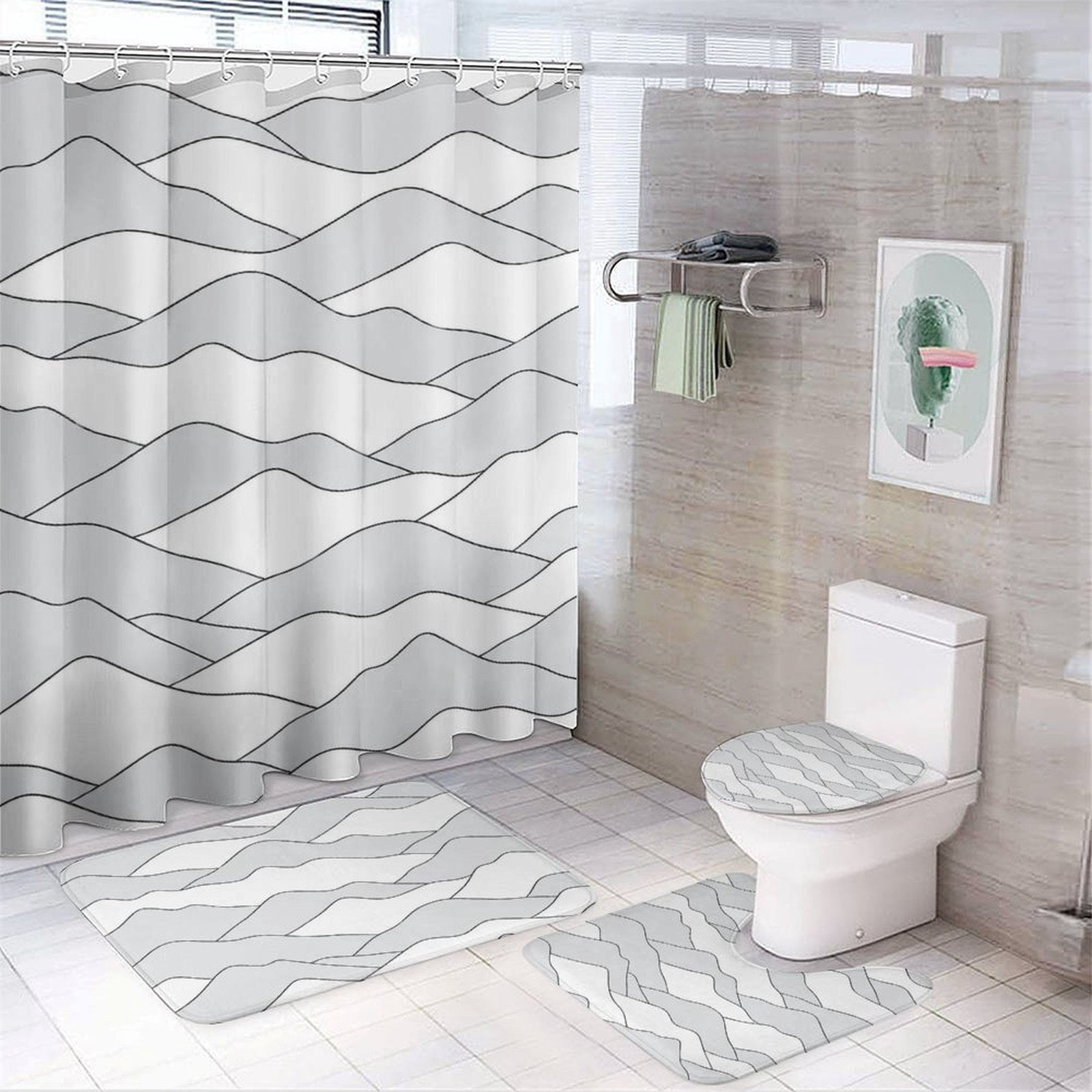 Chilfamy 4PCS Abstract Wavy Line Pattern Waterproof Shower Curtain Sets ...