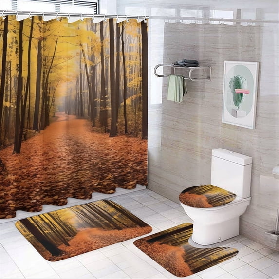 Chilfamy 4PCS Autumn Forest Path Leaves Waterproof Shower Curtain Sets ...