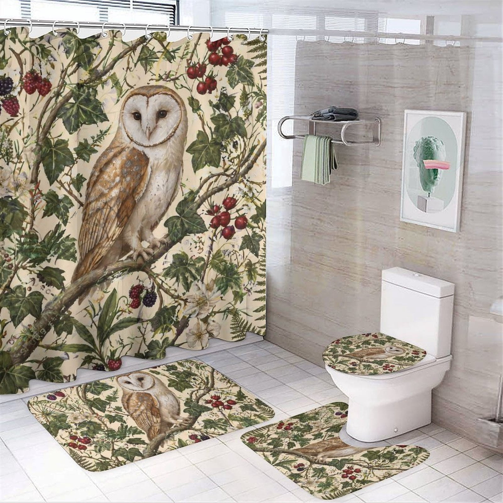 Chilfamy 4PCS Barn Owl On Berry Branch Waterproof Shower Curtain Sets ...