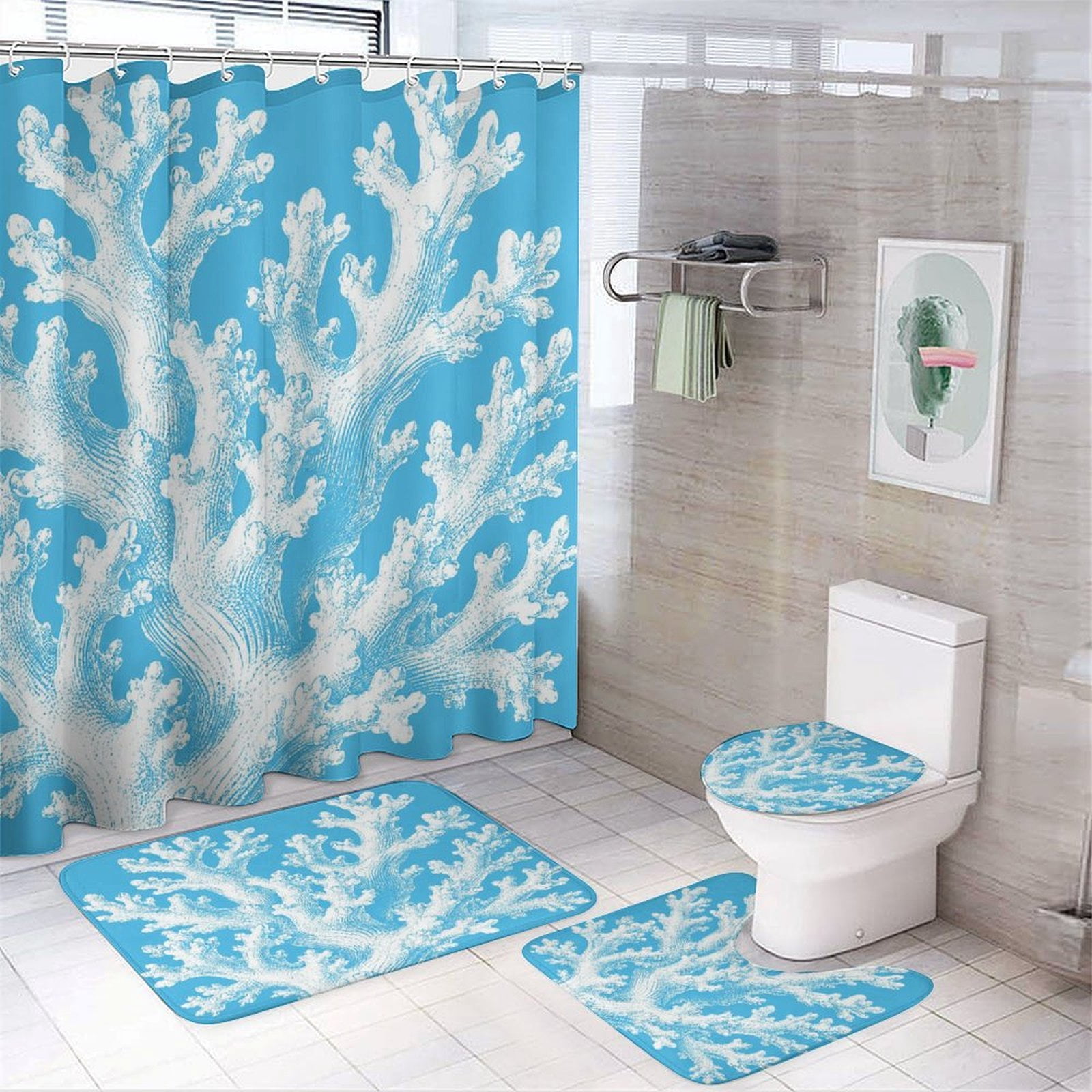 Chilfamy 4PCS Blue Coral Reef Illustration Waterproof Shower Curtain ...