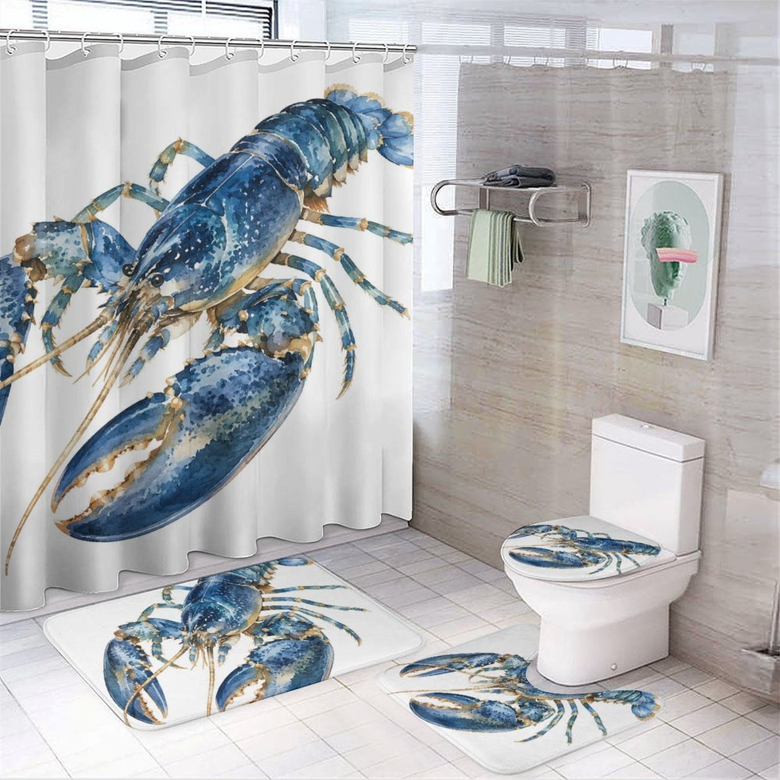 Chilfamy 4PCS Blue Lobster Watercolor Waterproof Shower Curtain Sets ...