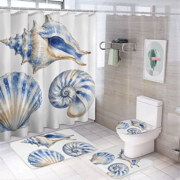Chilfamy 4PCS Blue White Shells Trio Waterproof Shower Curtain Sets ...