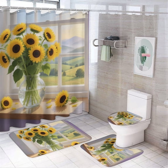 Chilfamy 4PCS Bouquet of Sunflowers Waterproof Shower Curtain Sets with ...
