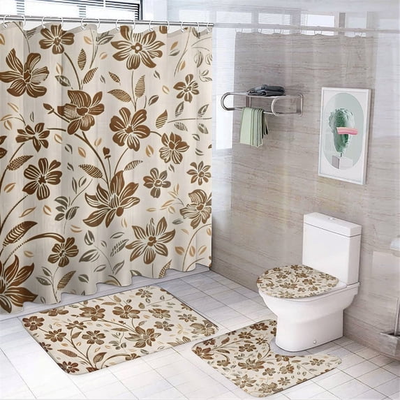 Chilfamy 4PCS Brown Floral Pattern Waterproof Shower Curtain Sets with ...