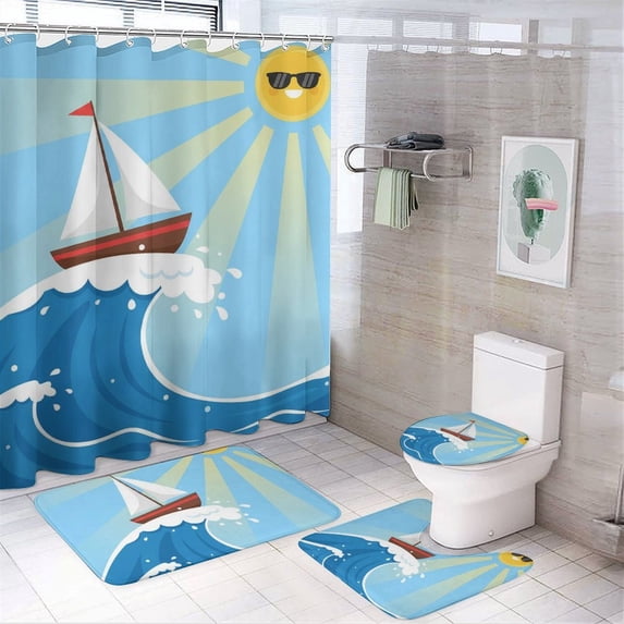 Chilfamy 4PCS Cartoon Nautical Adventure Waterproof Shower Curtain Sets ...