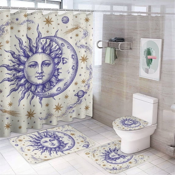 Chilfamy 4PCS Celestial Sun And Moon Faces Waterproof Shower Curtain ...