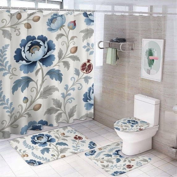 Chilfamy 4PCS Chinoiserie Flowers Trees Blue Waterproof Shower Curtain ...