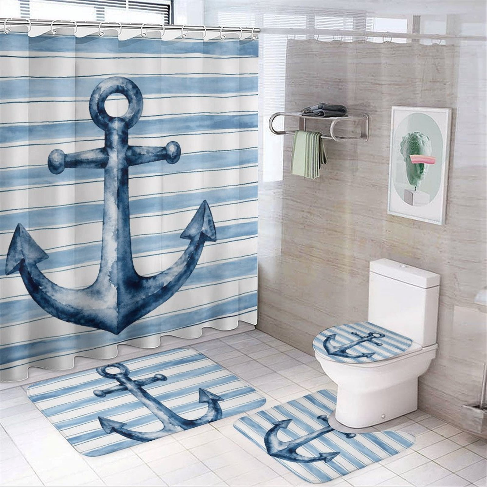 Chilfamy 4PCS Classic Anchor Nautical Blue Waterproof Shower Curtain ...