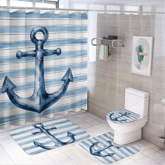 Chilfamy 4PCS Classic Anchor Nautical Blue Waterproof Shower Curtain ...