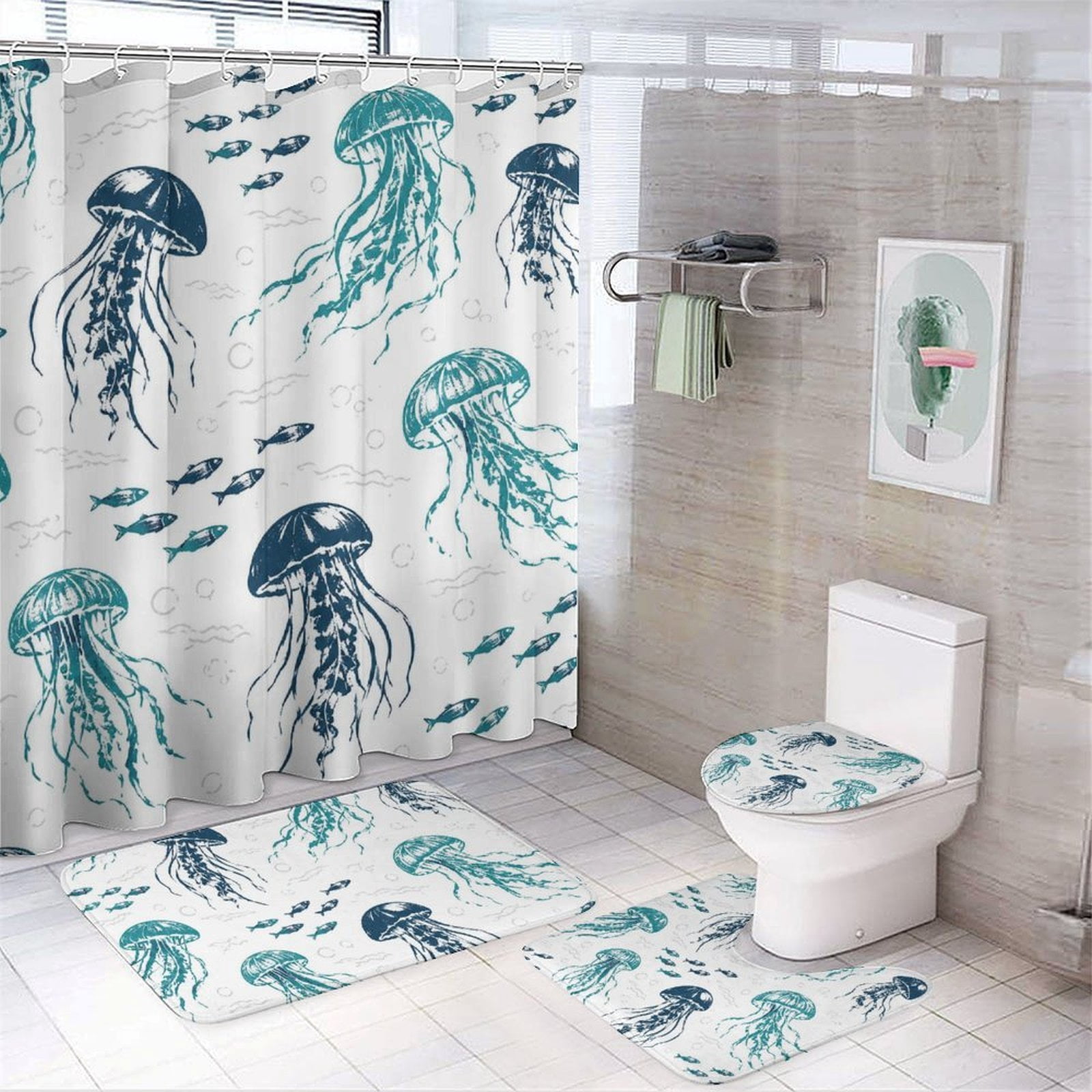 Chilfamy 4PCS Classic Jellyfish And Fish Pattern Waterproof Shower ...