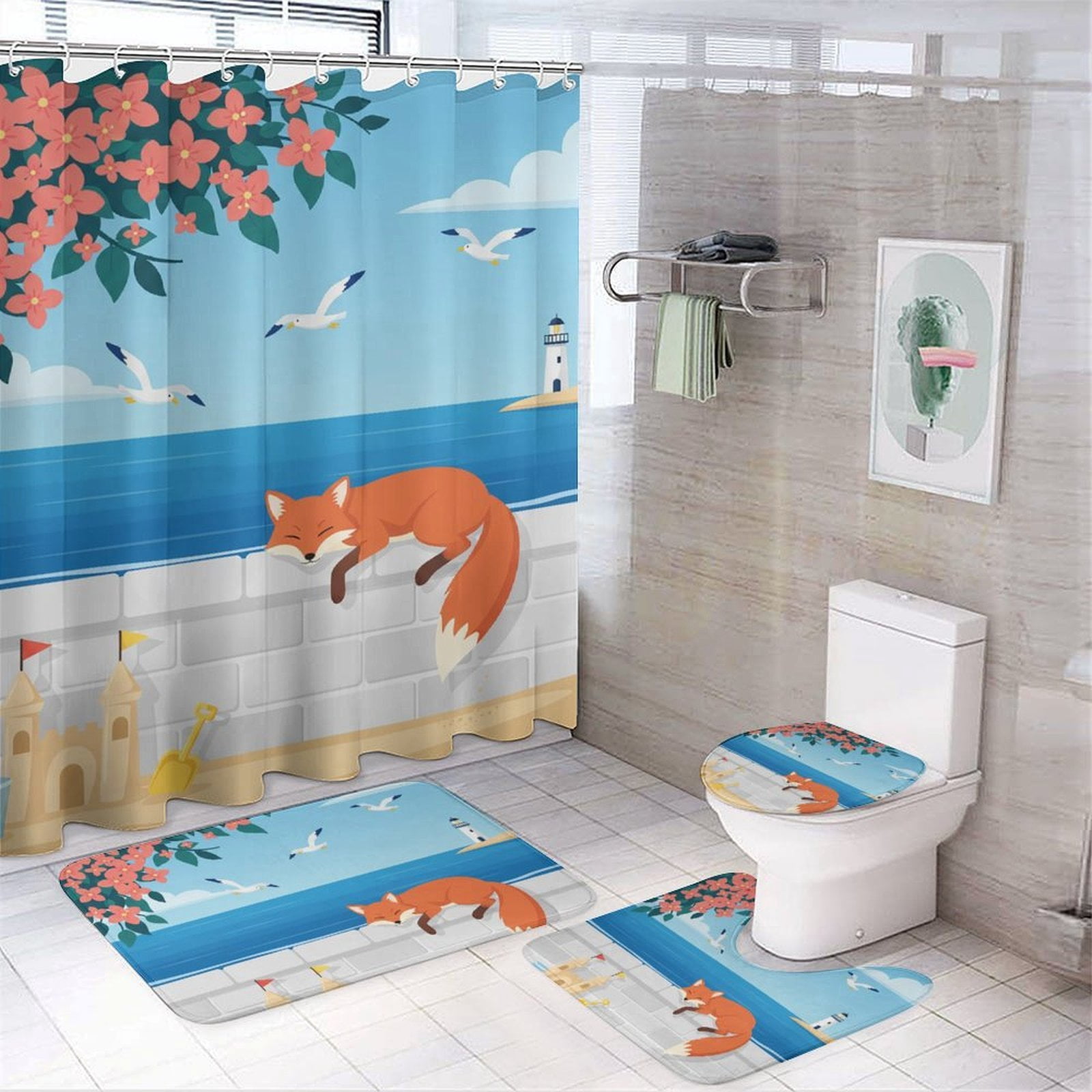 Chilfamy 4PCS Coastal Fox Slumber Waterproof Shower Curtain Sets with ...