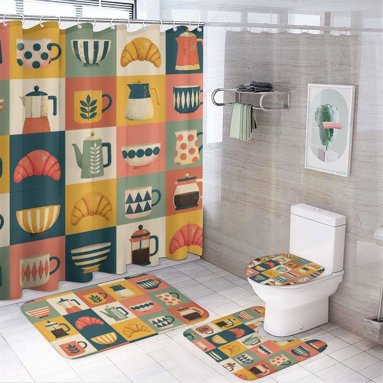 Chilfamy 4PCS Coffee And Pastry Grid Pattern Waterproof Shower Curtain ...