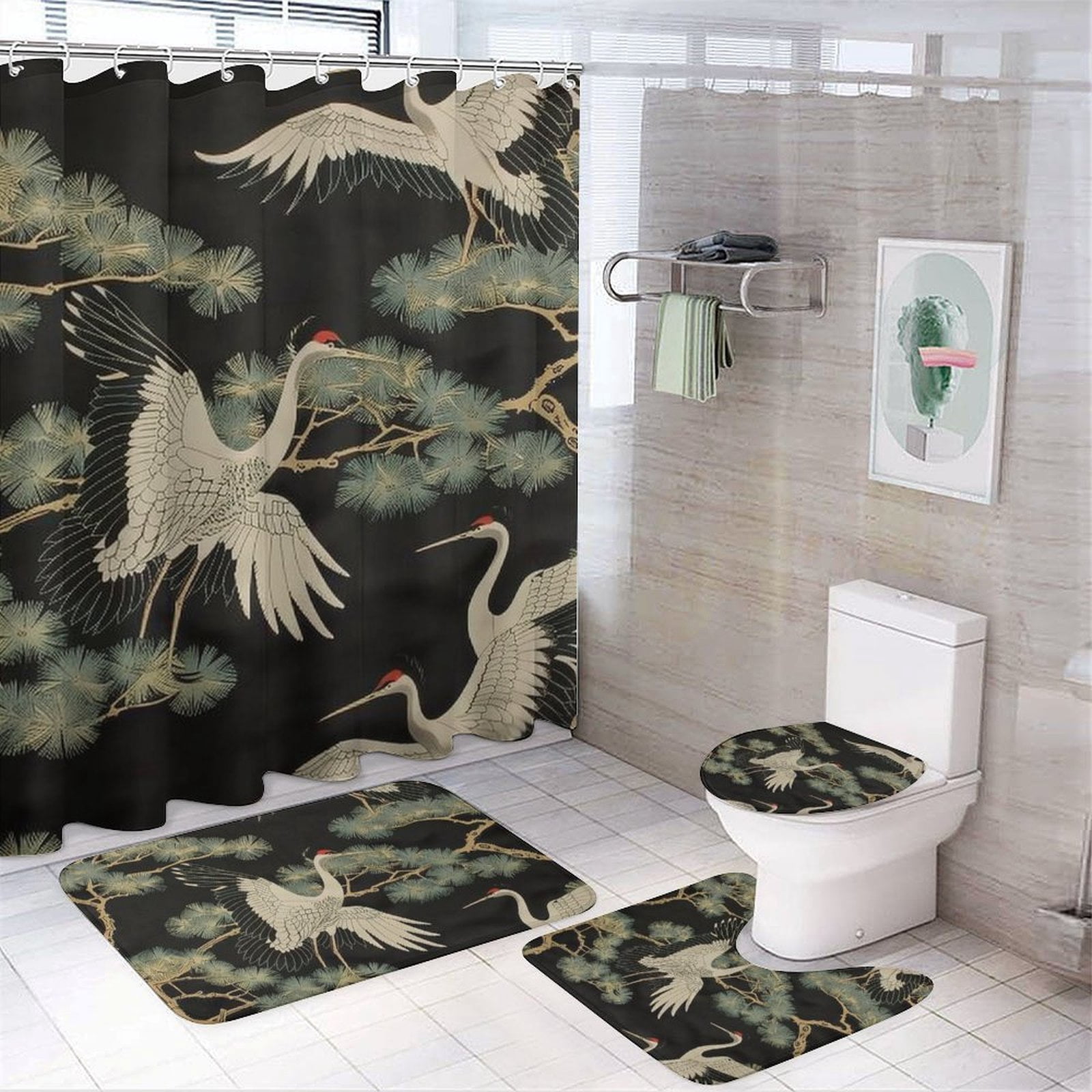 Chilfamy 4PCS Cranes Pine Japanese Waterproof Shower Curtain Sets with ...