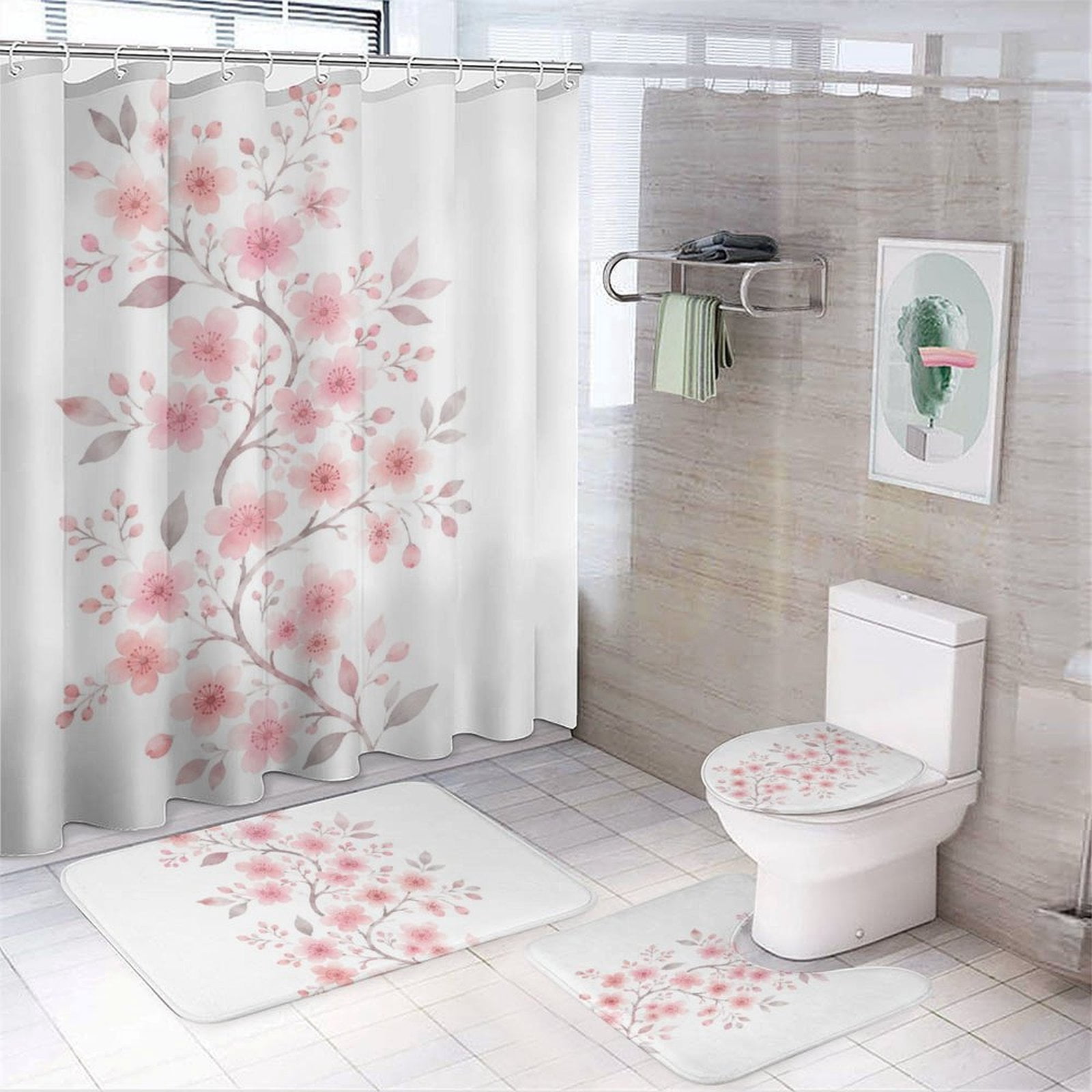 Chilfamy 4PCS Delicate Cherry Blossom Branch Waterproof Shower Curtain ...