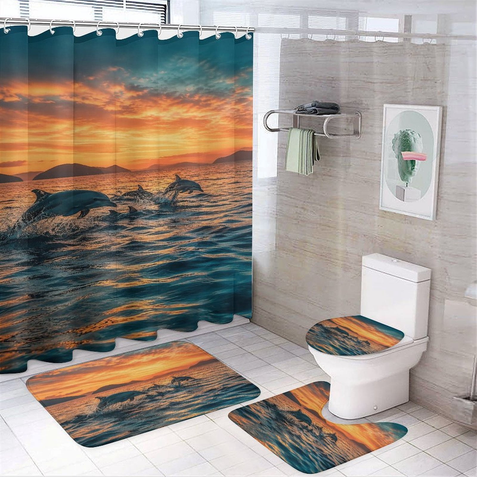 Chilfamy 4PCS Dolphins Leaping Golden Sunset Waterproof Shower Curtain ...