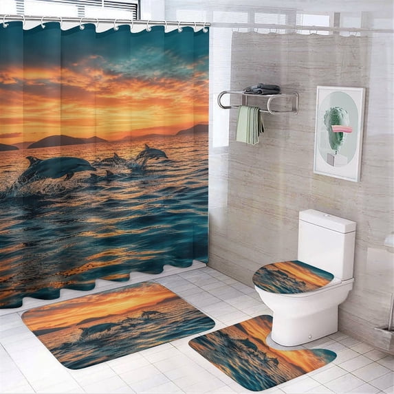 Chilfamy 4PCS Dolphins Leaping Golden Sunset Waterproof Shower Curtain ...