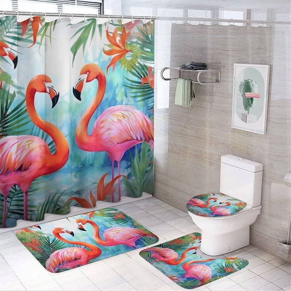 Chilfamy 4PCS Flamingos Palm Leaves Tropical Waterproof Shower Curtain ...