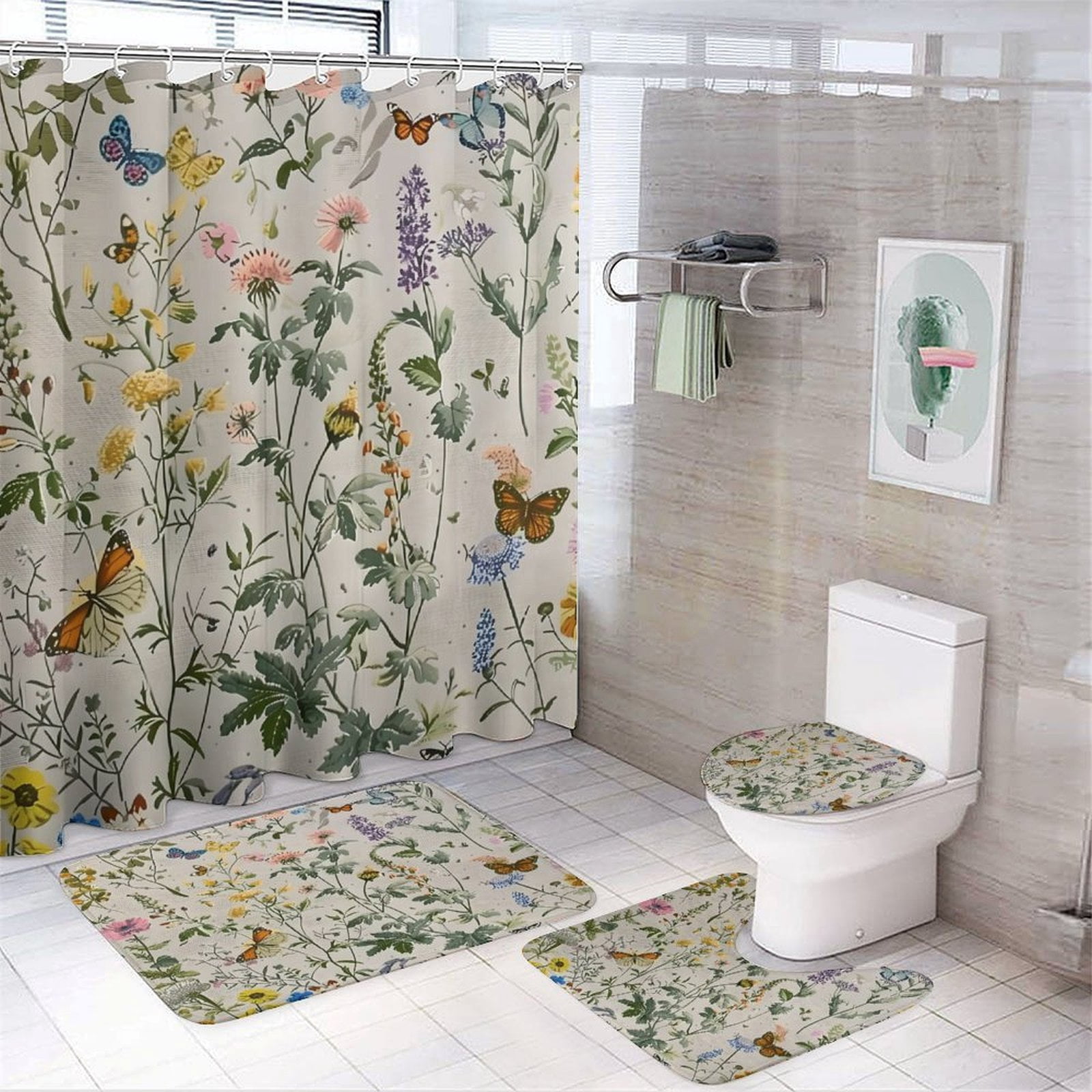 Chilfamy 4PCS Floral Butterfly Vintage Wallpaper.jpg Waterproof Shower ...