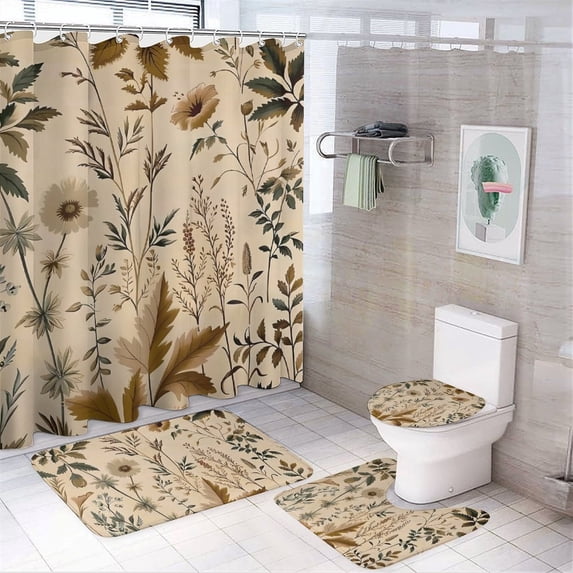 Chilfamy 4PCS Flowers Plant Pattern Waterproof Shower Curtain Sets with ...