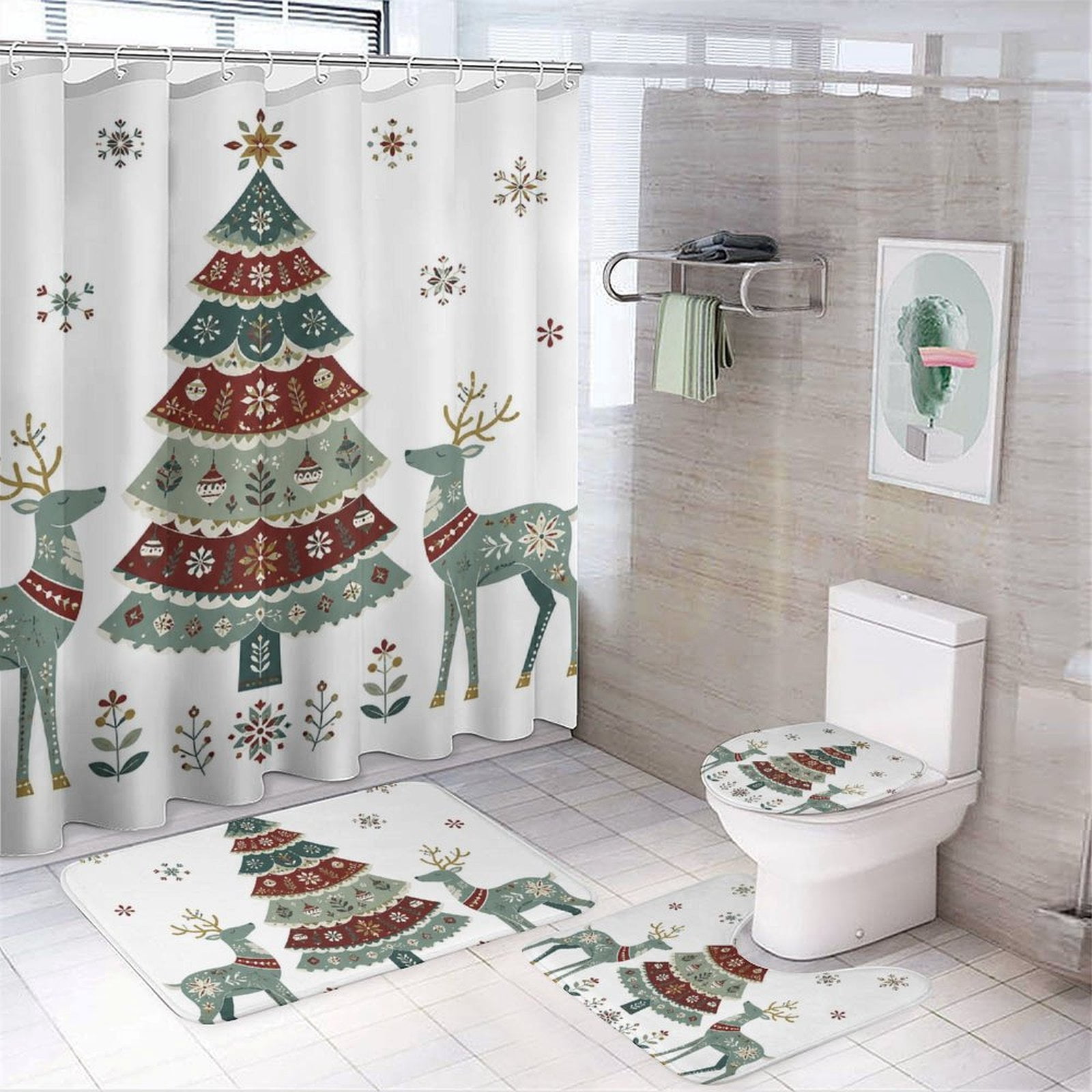 Chilfamy 4PCS Folk Art Christmas Tree Waterproof Shower Curtain Sets ...