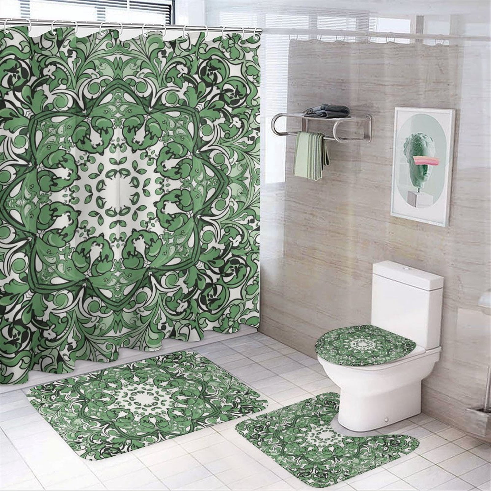 Chilfamy 4PCS French Green Geometric Waterproof Shower Curtain Sets ...