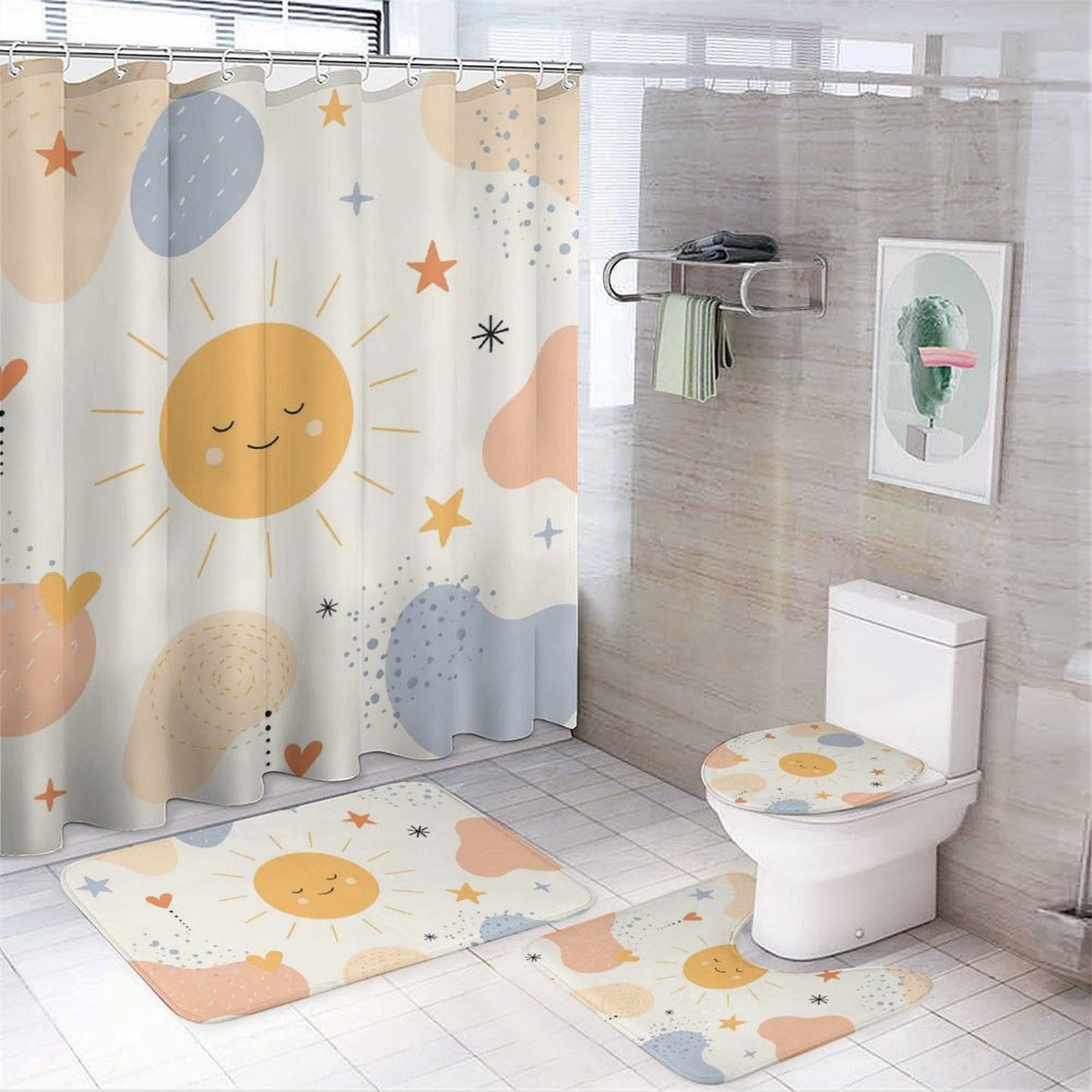 Chilfamy 4PCS Happy Sun Stars Baby Pattern Waterproof Shower Curtain ...