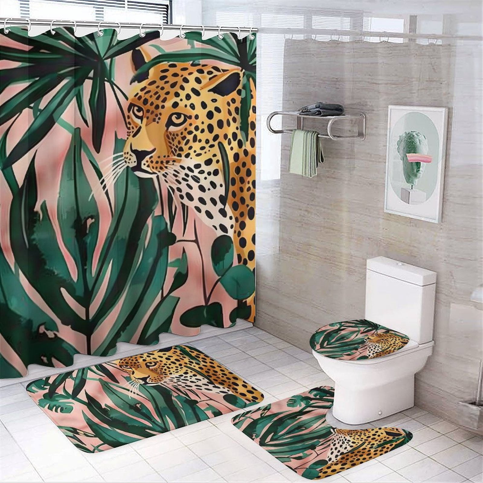 Chilfamy 4PCS Leopard Palm Leaves Jungle Waterproof Shower Curtain Sets ...