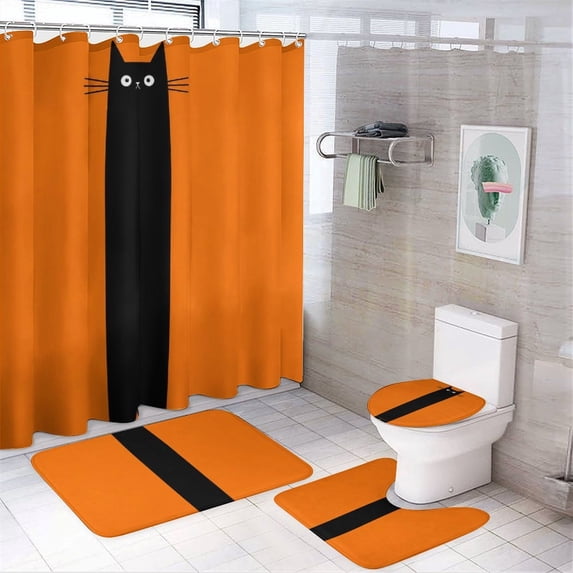 Chilfamy 4PCS Long Black Cat On Orange Waterproof Shower Curtain Sets ...