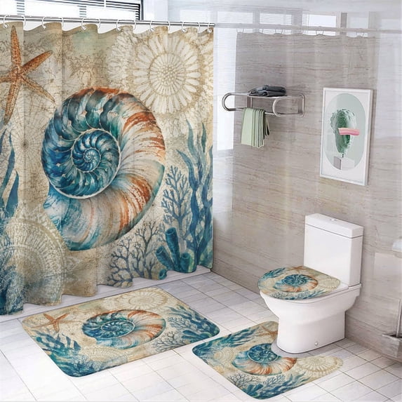 Chilfamy 4PCS Nautilus Shell Sea Chart Waterproof Shower Curtain Sets ...