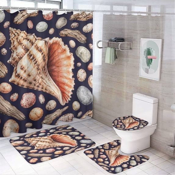 Chilfamy 4PCS Navy Conch Shell Pebbles Waterproof Shower Curtain Sets ...