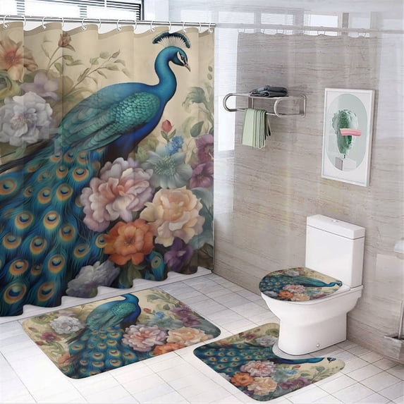 Chilfamy 4PCS Peacock Flowers Vintage Ornate Waterproof Shower Curtain ...