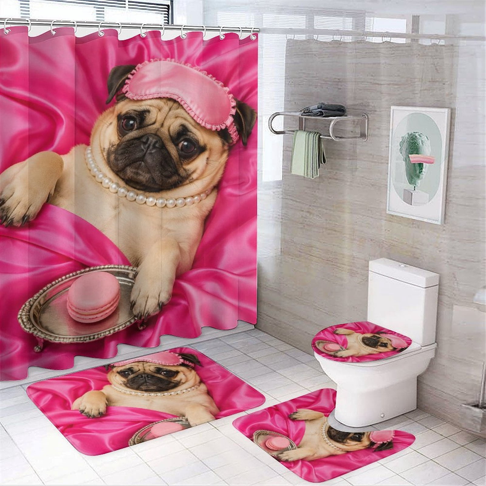 Chilfamy 4PCS Pug Princess Pink Silk Waterproof Shower Curtain Sets ...