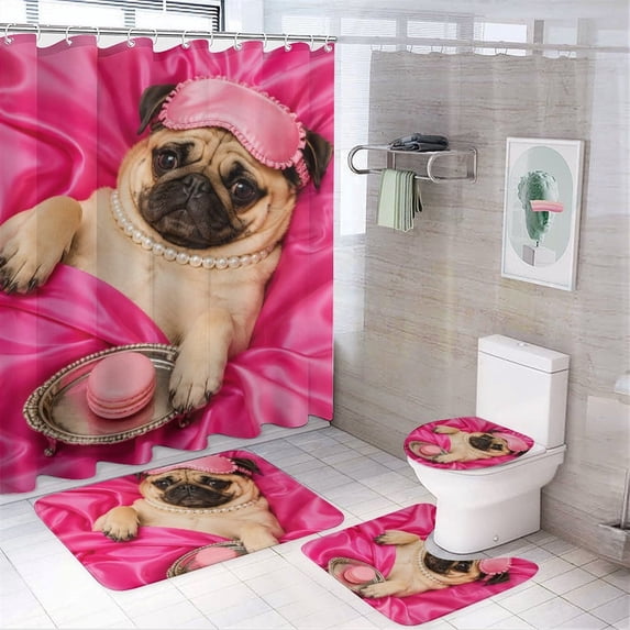 Chilfamy 4PCS Pug Princess Pink Silk Waterproof Shower Curtain Sets ...
