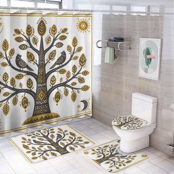 Chilfamy 4PCS Sacred Tree With Birds Waterproof Shower Curtain Sets ...