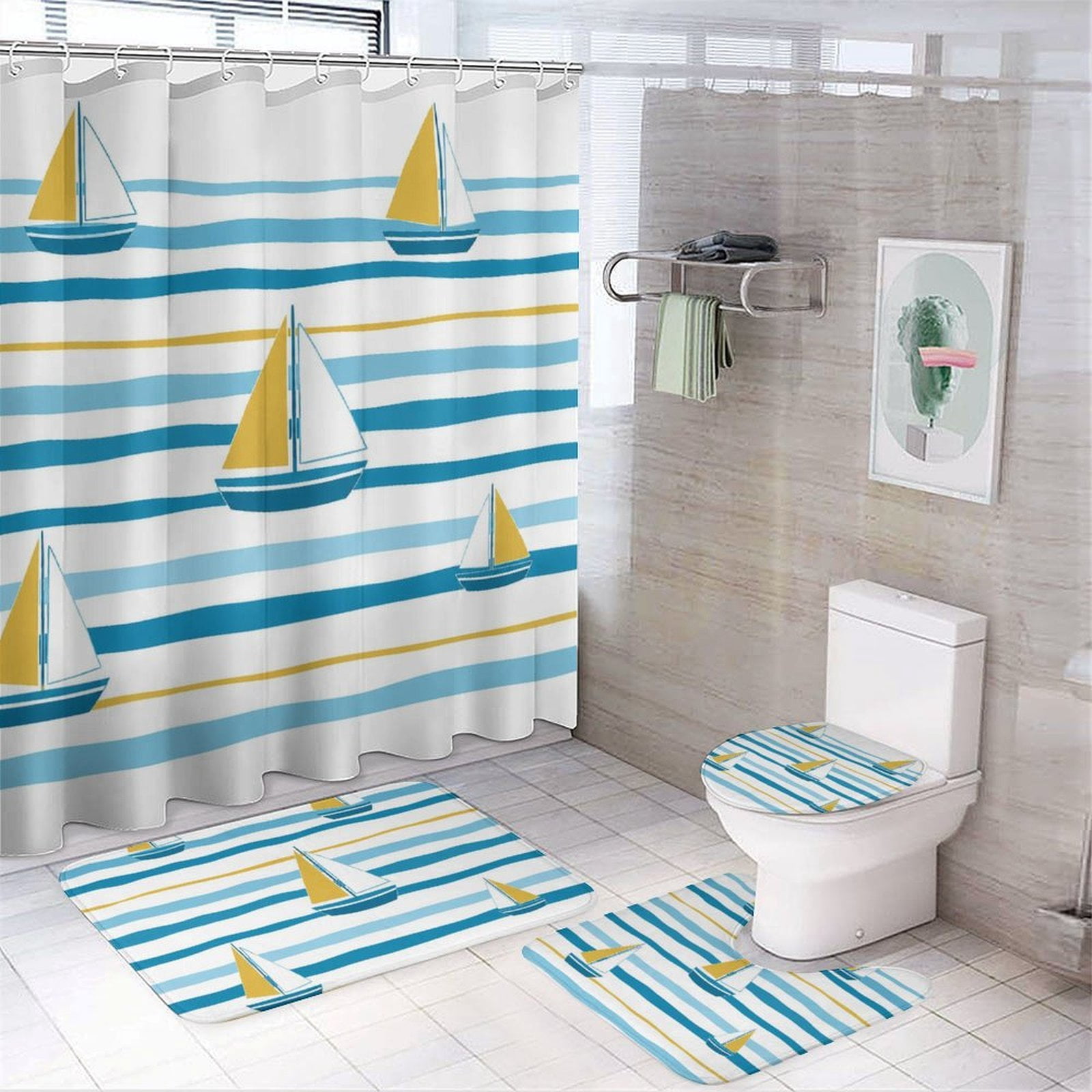 Chilfamy 4PCS Sailboat Wave Pattern Waterproof Shower Curtain Sets with ...