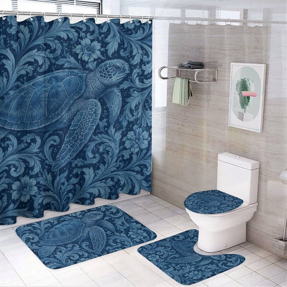 Chilfamy 4PCS Sea Turtle Ornate Blue Pattern Waterproof Shower Curtain ...