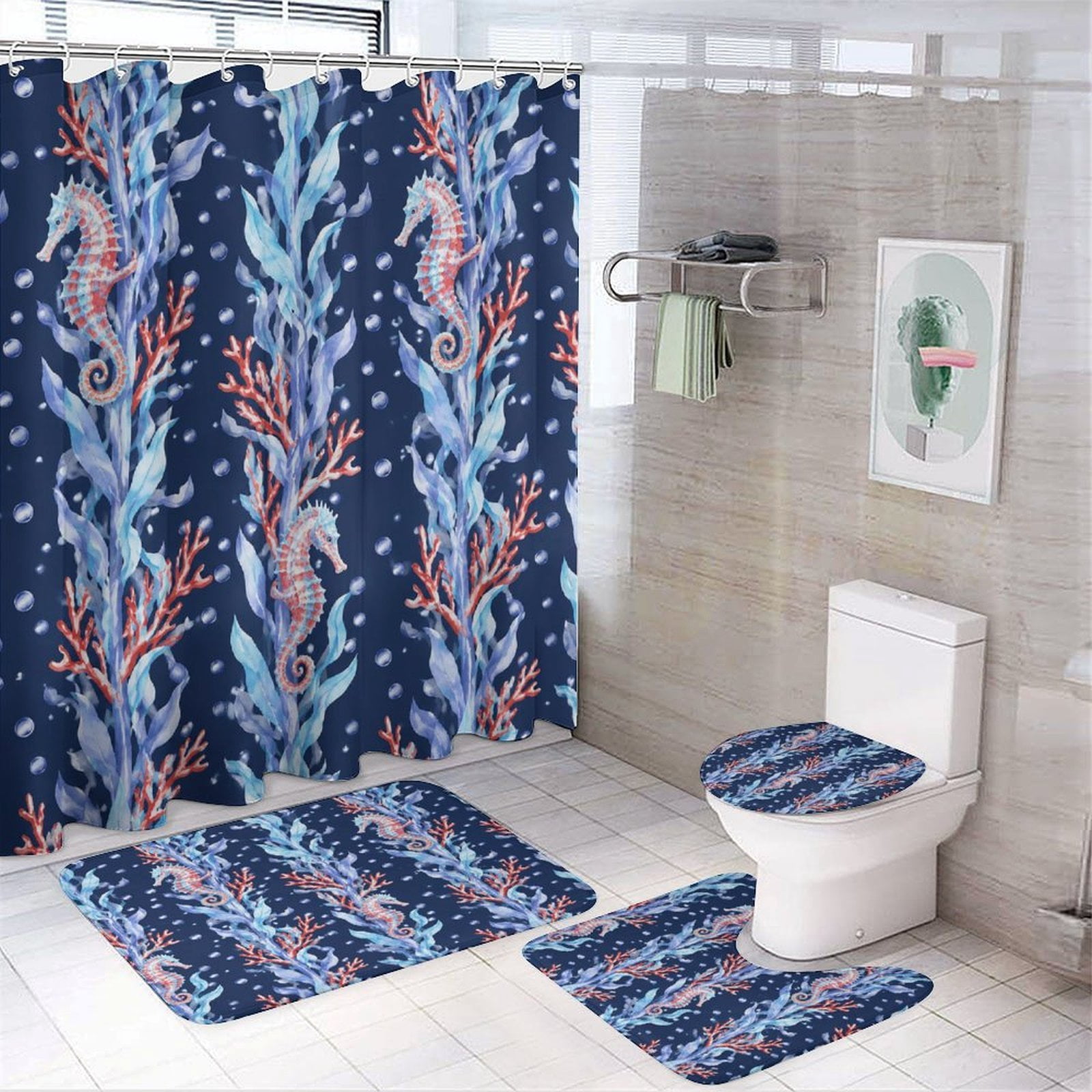 Chilfamy 4PCS Seahorse Seaweed Coral Pattern Waterproof Shower Curtain ...